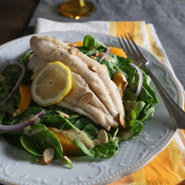 Lemon Poached Catfish with Citrus Spinach Salad – DelicioUS!