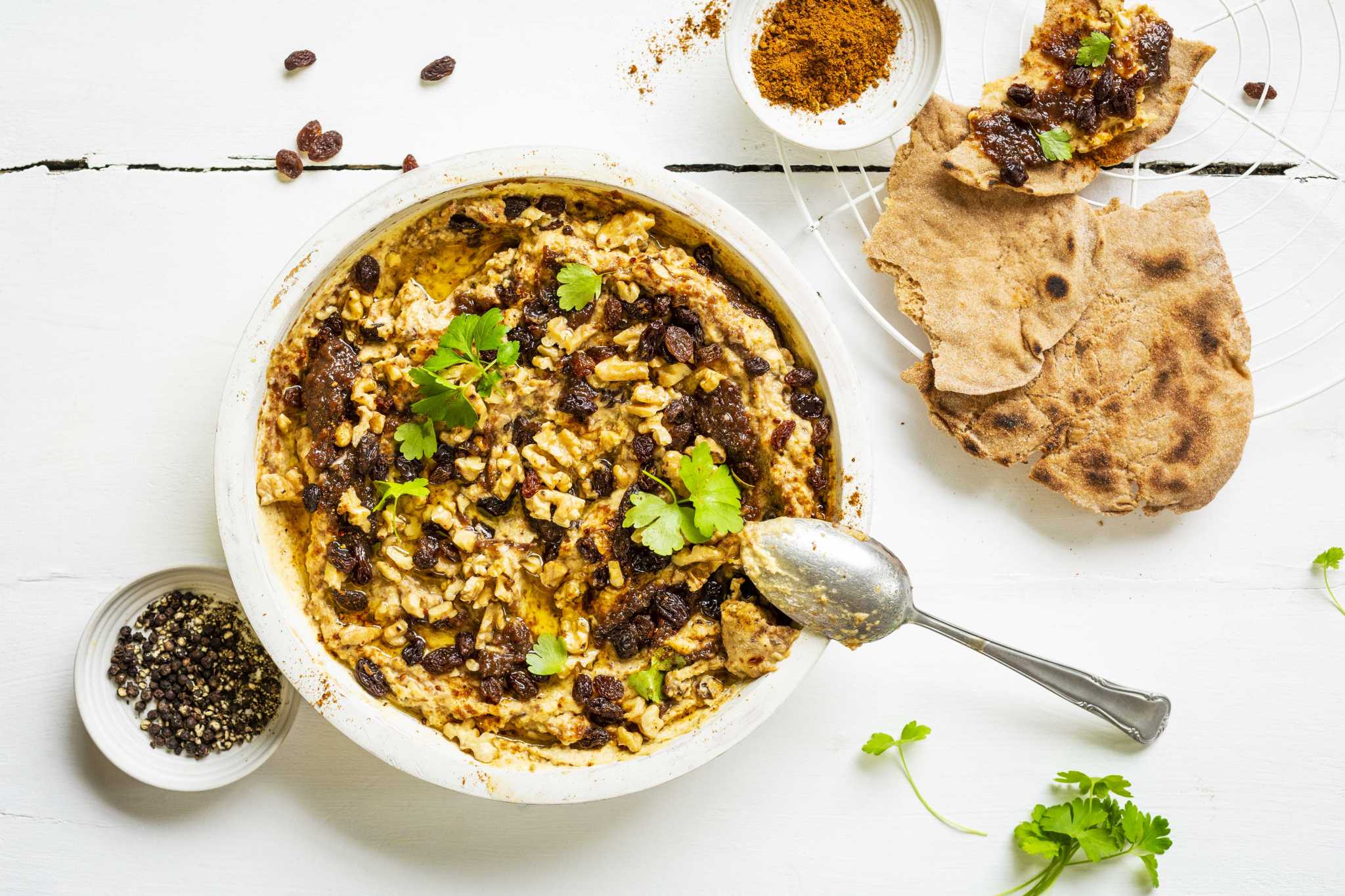 Loaded Raisin Walnut Hummus with Laffa Bread – DelicioUS!